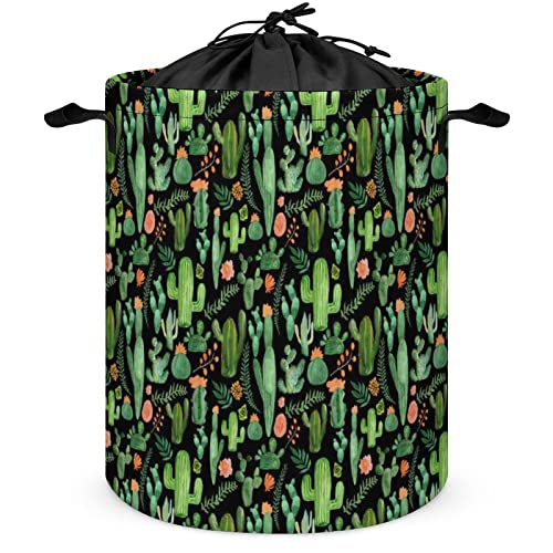 Green Cactus Laundry Basket Round Collapsible Storage Bin with Drawstring and Handle for Bedroom Bathroom Toys Room 17.3" X 13.8"