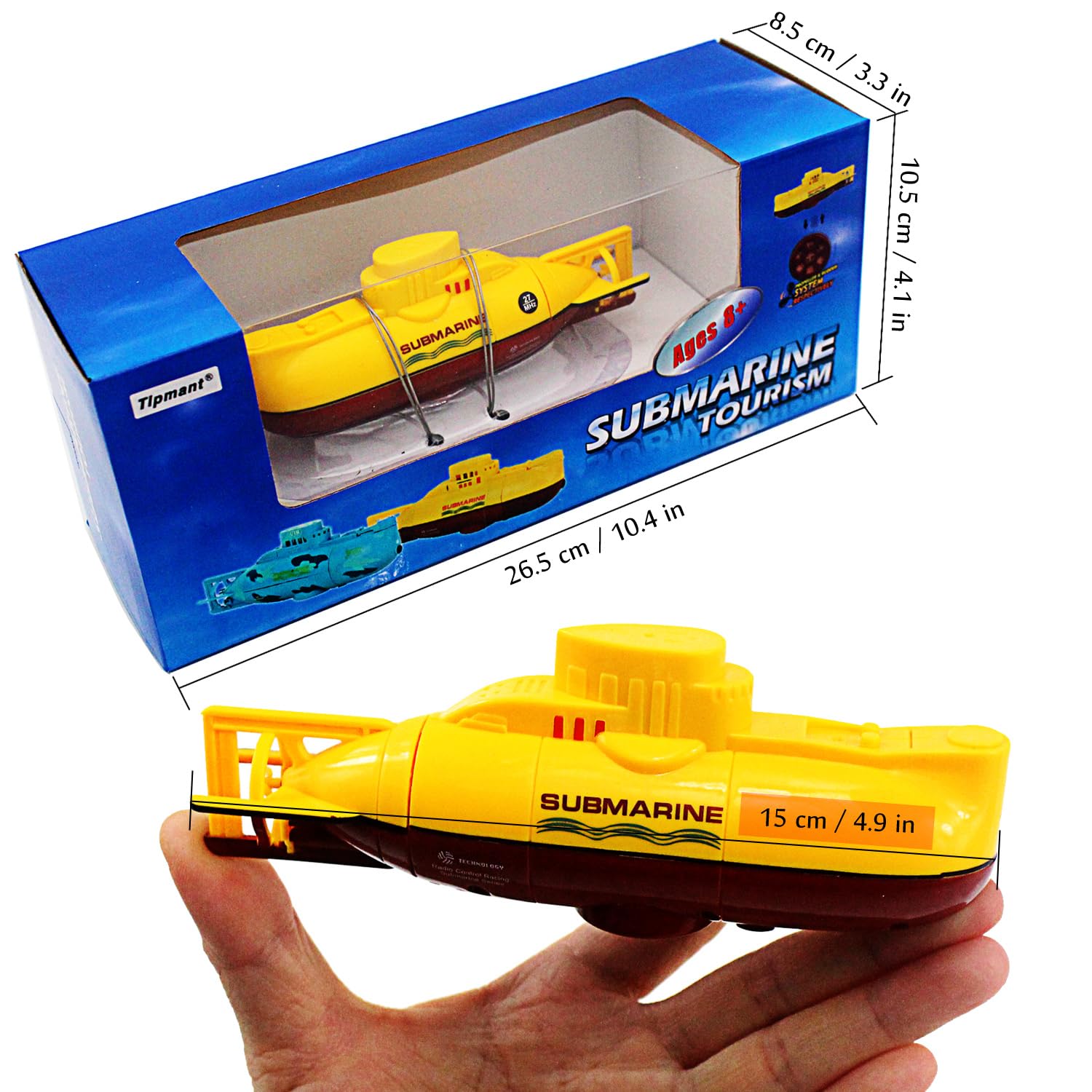 Tipmant Mini RC Submarine Toy Remote Control Boat Underwater Electric Diving Water Fish Tank Kids Birthday Gift (Yellow)