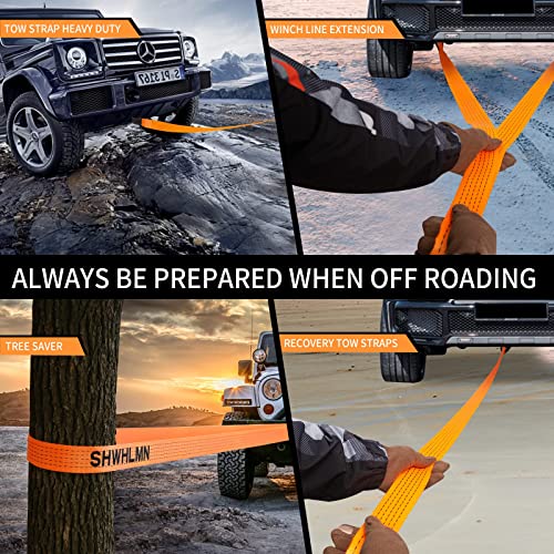 Recovery Tow Strap 2" X 20' LB Tested 20,024lb (10 US Tons ) Break Strength, Use for Emergency 4x4 Towing Rope Heavy Duty, Tree Saver, Winch Extension, Triple Reinforced Loops, Ensure Safety - SHWHLMN