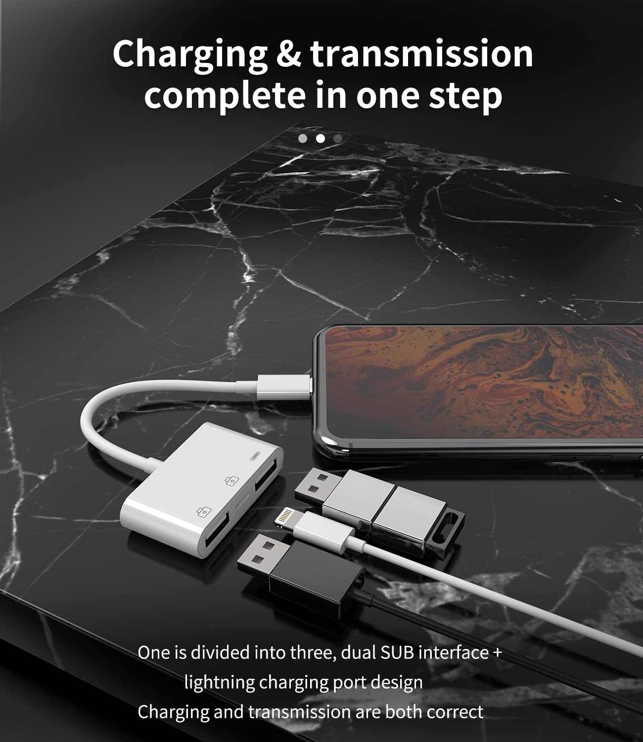 iPhone OTG Adapter Charger Cable Dongle Lightning Male to Dual USB Female Camera Memory Stick Flash Drive Cord Reader Mouse Keyboard Converter Card Charging Splitter for 14 13 12 11 Pro Max 7 8