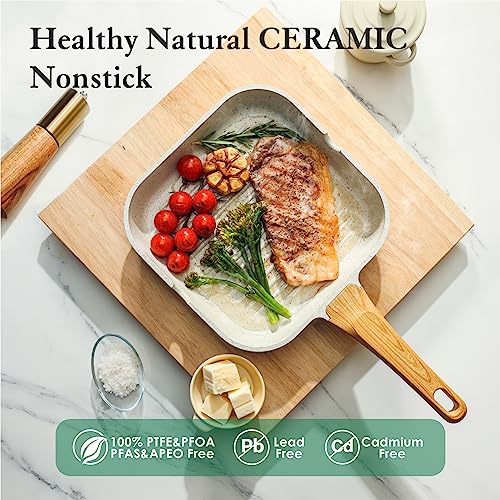 SENSARTE Nonstick Ceramic Grill Pan for Stove Tops, Versatile Square Grilling Pan with Pour Spouts, Durable Grill Skillet for All Stoves(Gas,Electric,Induction) Non Toxic-PTFE,PFAS,PFOA Free, 9.5Inch