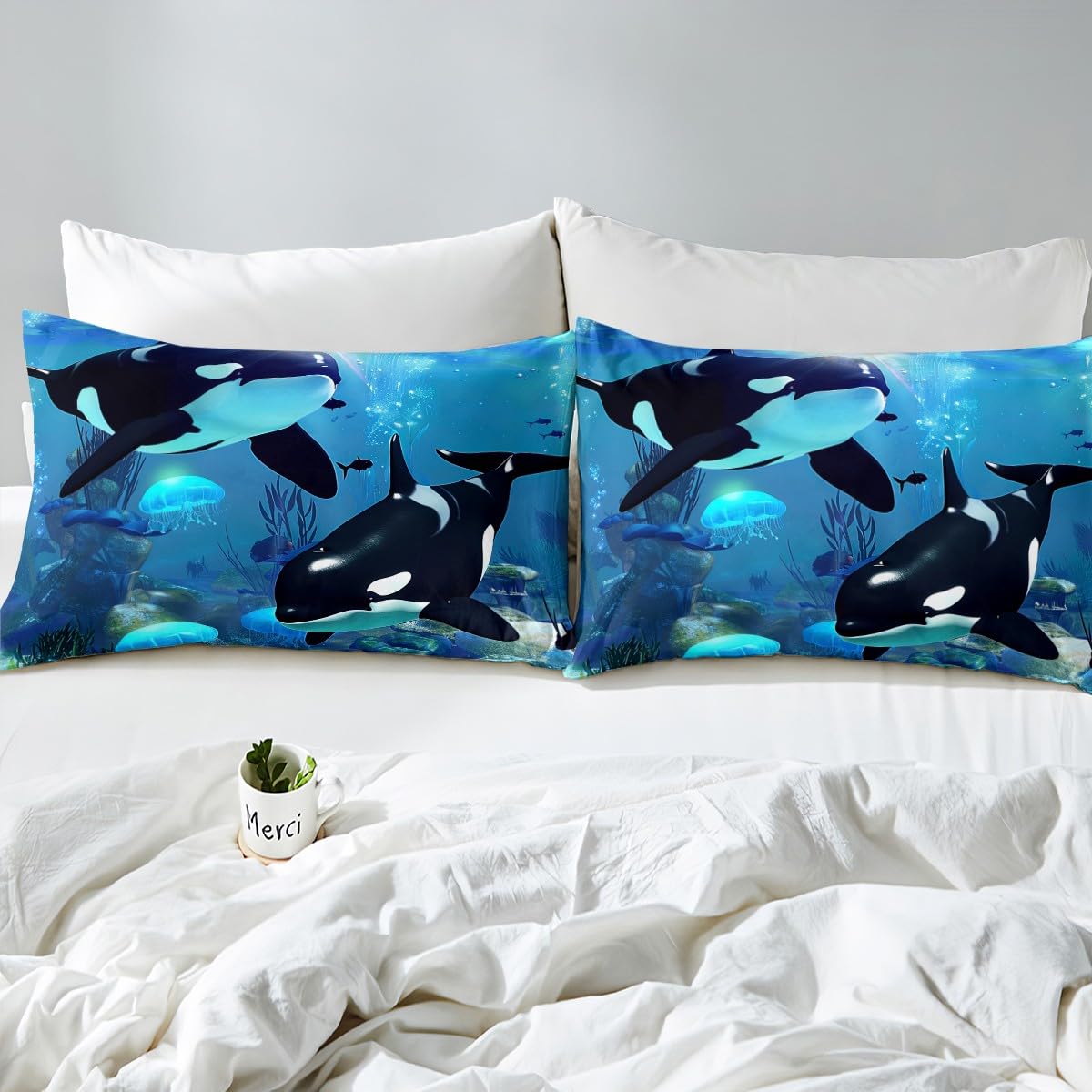 Teal Ocean Whale Comforter Cover Jellyfish Killer Whale Bedding Sets The Underwater World Duvet Cover Set Orcinus Orcas Deep Sea Animals Marine Life Bedspreads Cover With 2 Pillow Cases Full Size
