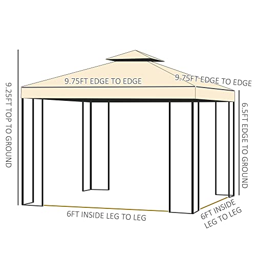 Outsunny 10' x 10' Metal Patio Gazebo, Double Roof Outdoor Gazebo Canopy Shelter with Tree Motifs Corner Frame and Netting, for Garden, Lawn, Backyard, and Deck, Beige