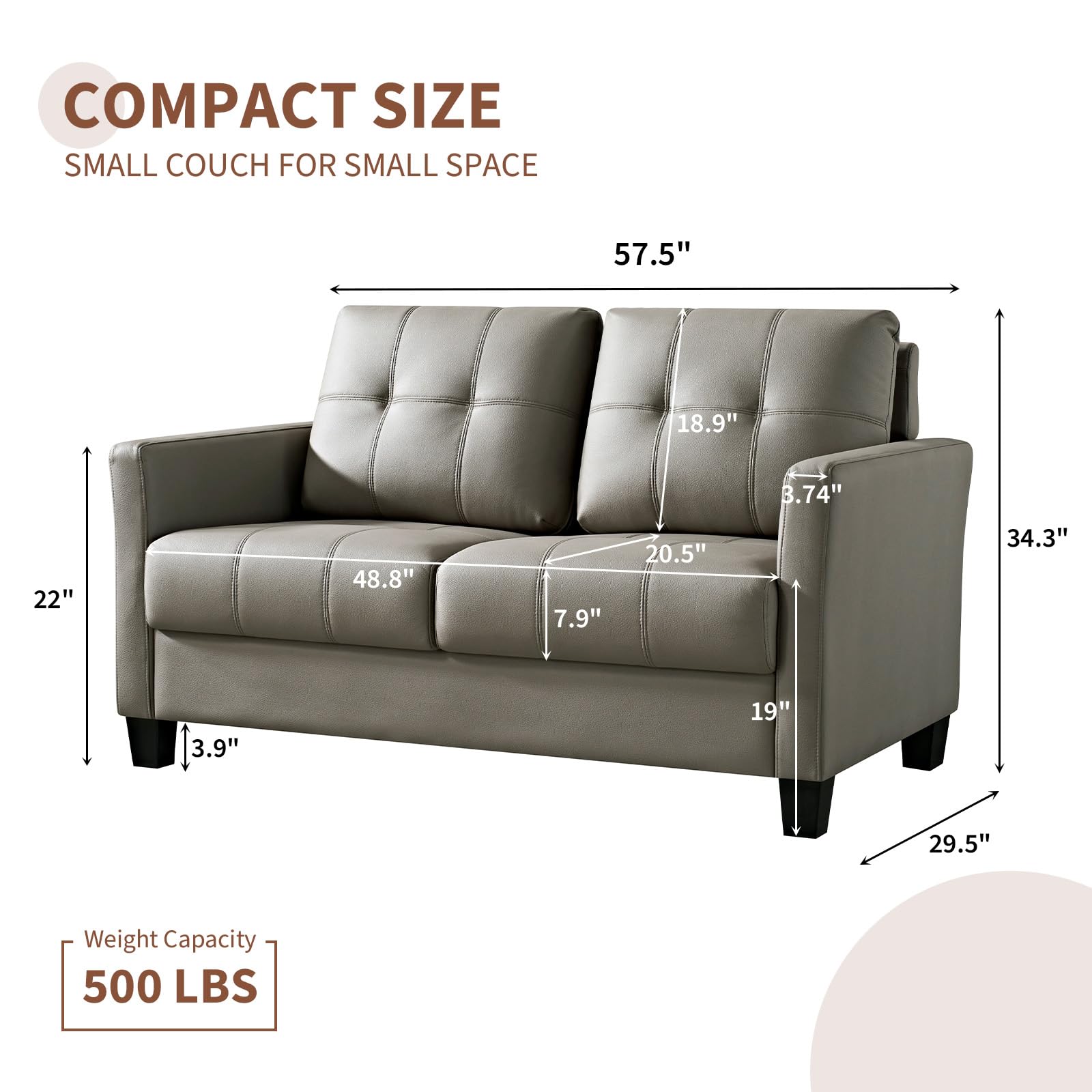 Husbedom 57.5"W Small Loveseat Sofa, Mid Century Modern Air Leather Love Seat with Flared Arm & Double Stitching Cushions, 2 Seat Couch for Small Space Living Room Bedroom Apartment Dorm, Light Brown