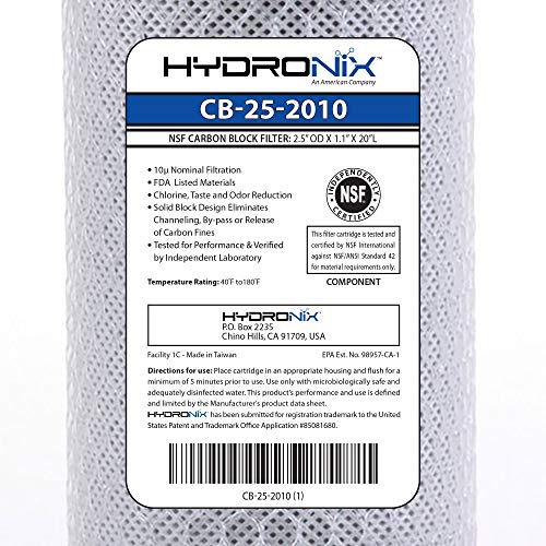 Hydronix HX-CB-25-2010/3 Universal NSF Coconut Activated Carbon Block Water Filter, 2.5" x 20" - 10 Micron - 3 Pack