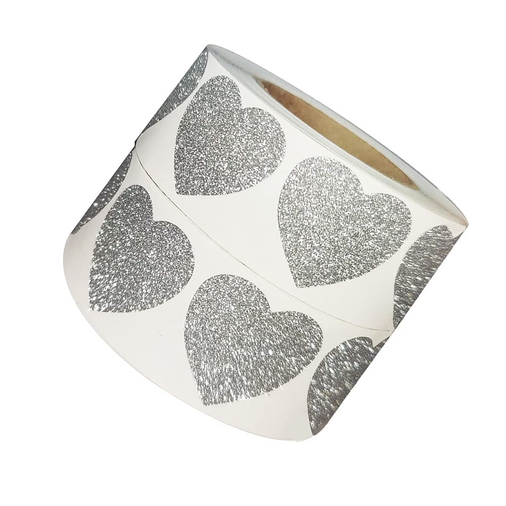 GLORYSHOP Silver Heart Stickers Roll, Glitter Dots 300 Pcs 1 Inch Self Adhesive Sticker Labels Envelope Seals for Wedding, Business, Graduation, Birthday, Party, Flower Gift Wraps