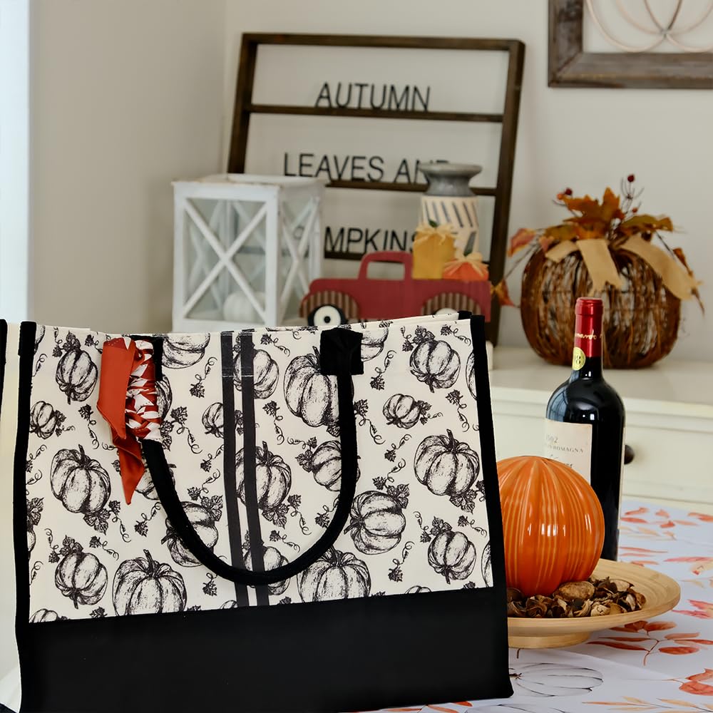 CROWNED BEAUTY Fall Canvas Tote Bag with Zipper Pocket Personalized Gift for Women, Pumpkins Leaves Beach Bag CT53
