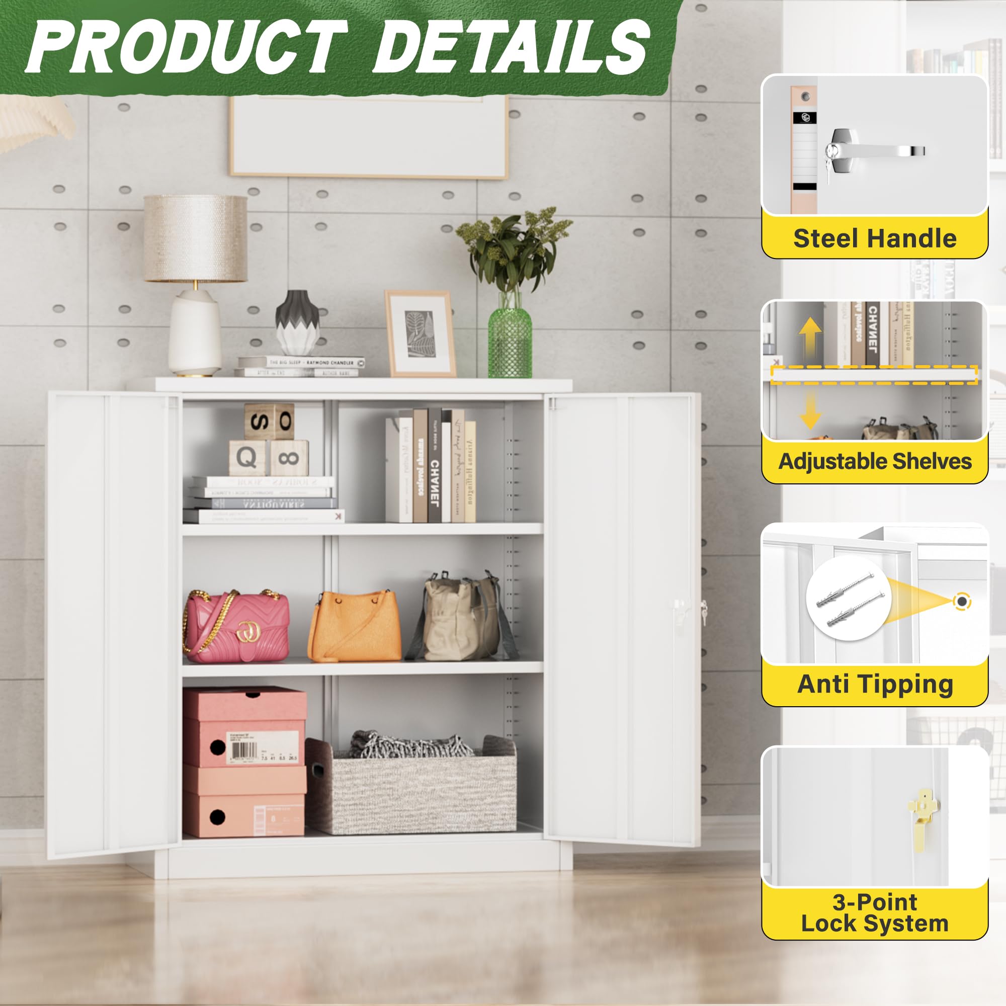 Greenvelly Metal Storage Cabinet, 42” Steel Locking Cabinet with Doors and Shelves,White Utility Cabinet Garage Cabinets, Lockable File Cabinet for Home Office, Garage, Kitchen, Shop
