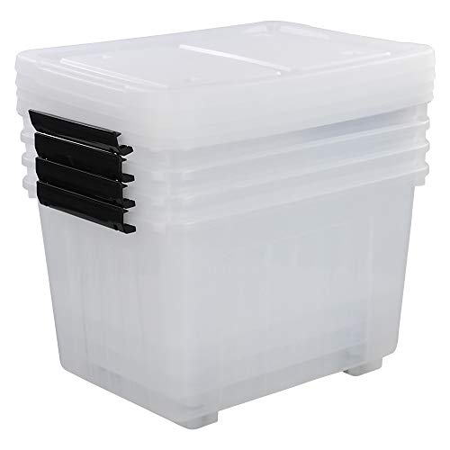 Leendines 30 Liter Clear Storage Box with Wheels, 4 Packs Large Plastic Bins