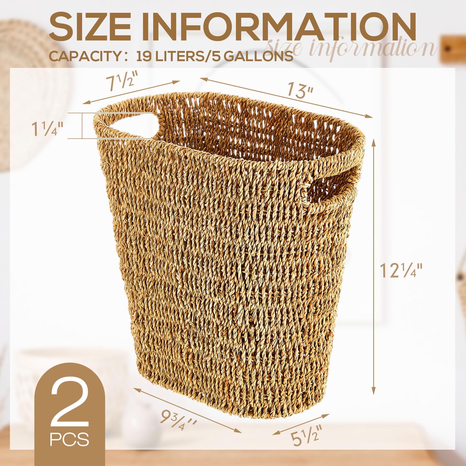 Hushee 2 Pcs Wicker Waste Basket Wicker Trash Basket with Built in Handles Boho Woven Trash Can Decorative Oval Trash Bin for Bedroom Essentials Bathroom Offices Home(Brown, Plastic Water Hyacinth)