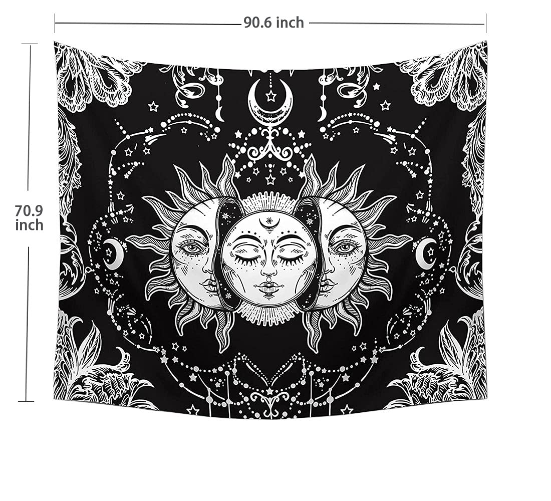 EWYN Sun and Moon Tapestry,Black and White Tapestries Mystic Burning Sun with Star Wall Hanging decor for Bedroom (70.9"x 90.6", Black White)