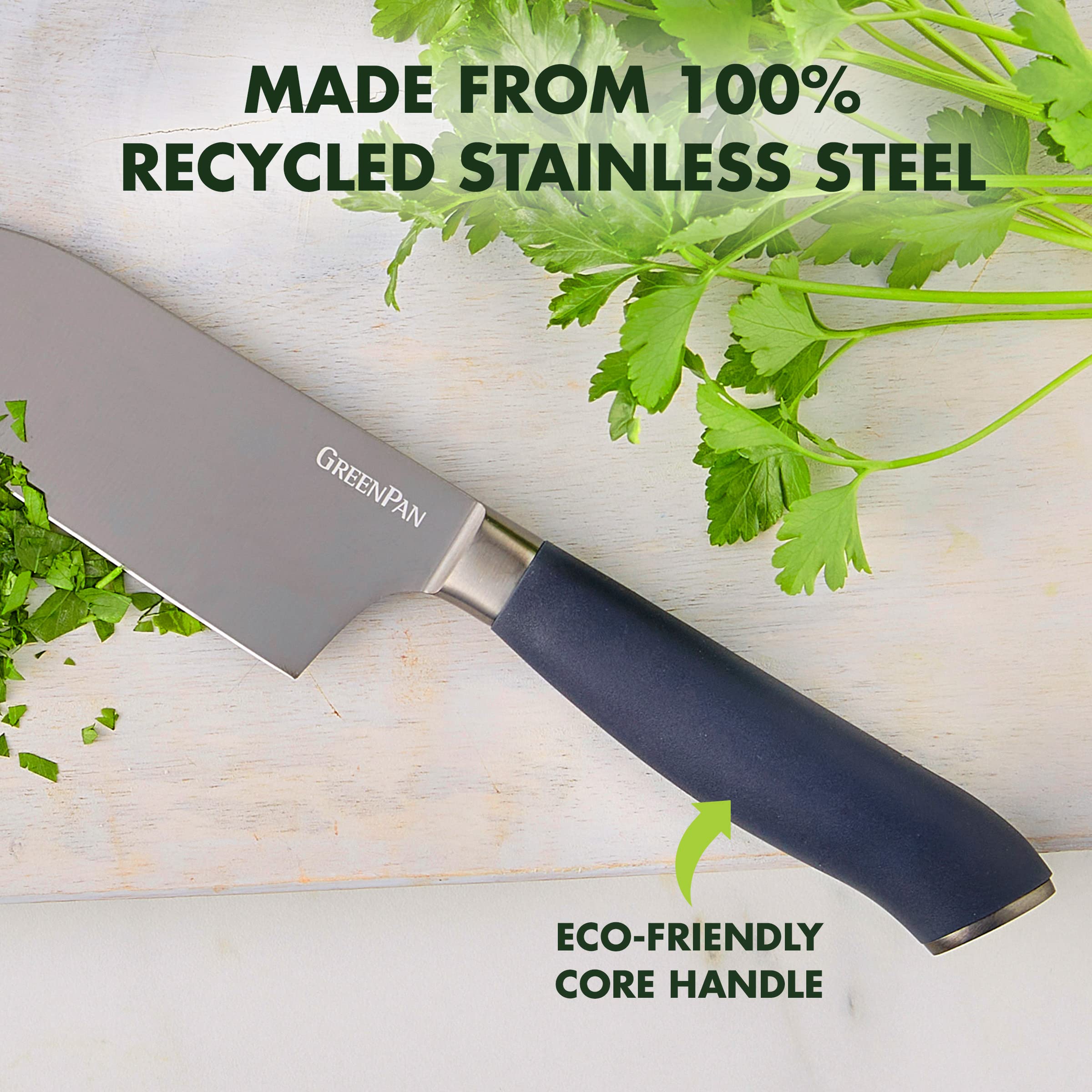 GreenPan Titanium 2-Piece Santoku Knife Set, Titanium Coated, Stainless Steel, Eco-friendly, Ergonomic Grip, Slip Resistant, Balanced, Heat Treated, Hand Sharpened, Dishwasher Safe