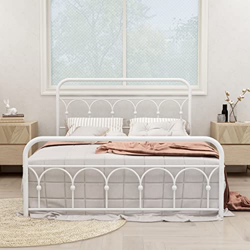 Zoophyter Metal Platform Bed Frame Queen Size with Headboard Footboard No Box Spring Needed Easy Assembly White