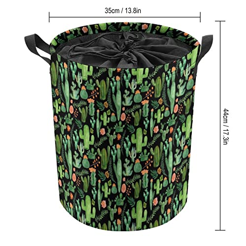 Green Cactus Laundry Basket Round Collapsible Storage Bin with Drawstring and Handle for Bedroom Bathroom Toys Room 17.3" X 13.8"