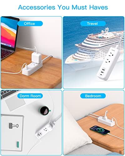 Cruise Essentials, USB C Travel Power Strip, Flat Plug Power Strip with 2 Outlets 3 USB Ports (1 USB C), 5ft Extension Cord Charging Station, Non Surge Protector for Cruise Ship, Travel, Home
