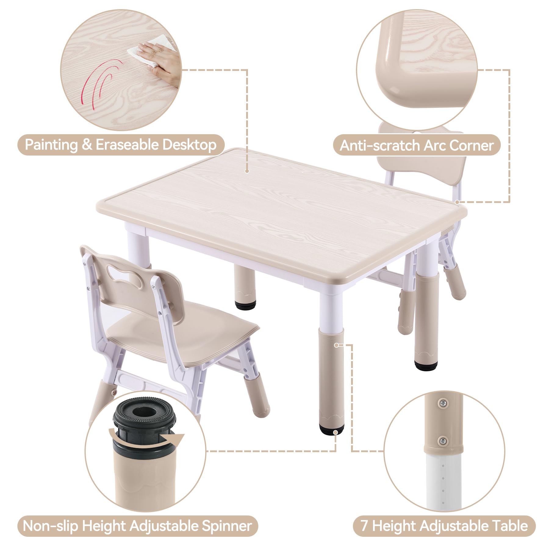 DOREROOM Kids Table and 2 Chairs Set, Height-Adjustable Toddler Table and Chair Set with Graffiti Desktop, 31.5''L x 23.6''W Children Activity Table for Daycare, Classroom, Home