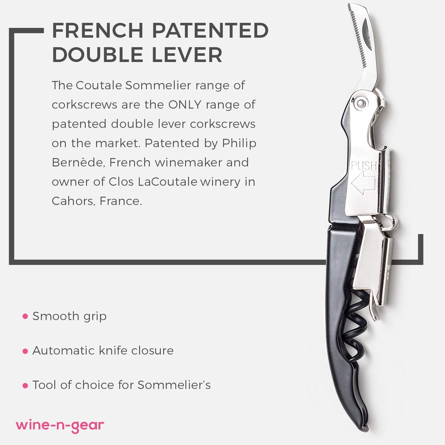 Innovation Waiters Corkscrew By Coutale Sommelier - Black - French Patented Manual Double Lever Wine Bottle Opener for Bartenders and Gifts - Patented Auto Knife Closure