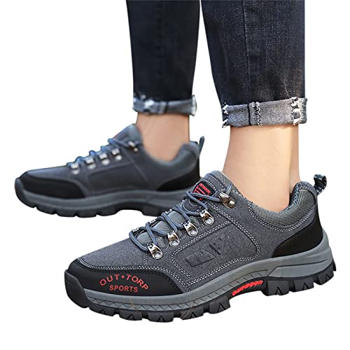 FASDNENDYS Fashion Four Seasons Men Hiking Shoes Flat Bottom Non Slip Lace Up Comfortable Men Sneaker Boots Grey