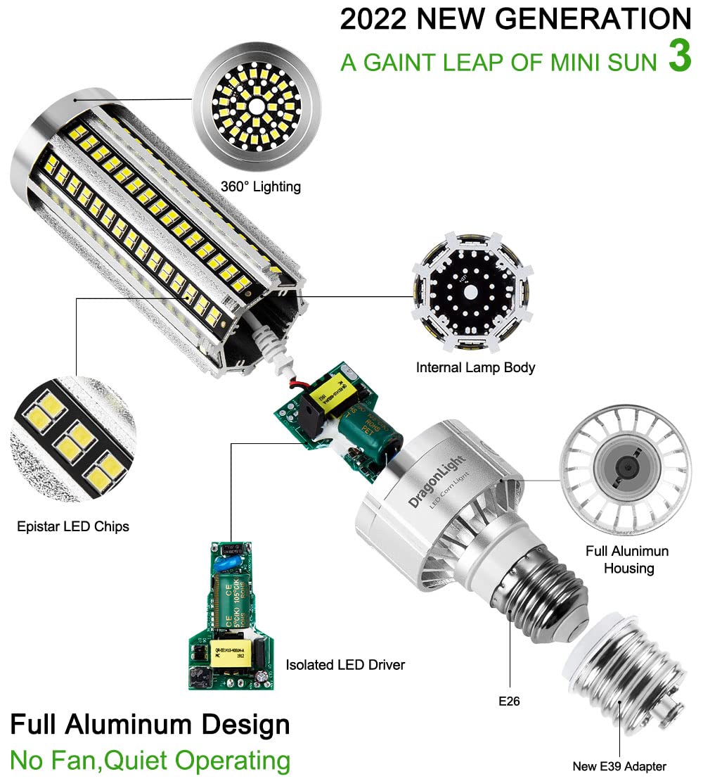 DragonLight 35W Corn LED Light Bulb Fanless (300 Watt Equivalent) E26/E39 Large Mogul Base LED Lamp 3000K Warm White 4,200LM