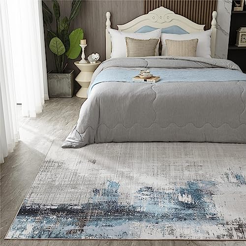 Syalife Washable Living Area Outdoor Rugs, 8'x 10' Rug with Non Slip Backing, Ultra-Thin Abstract Modern Non-Shedding Rug, Floor Mat Indoor Rug (Blue, 8'x 10')