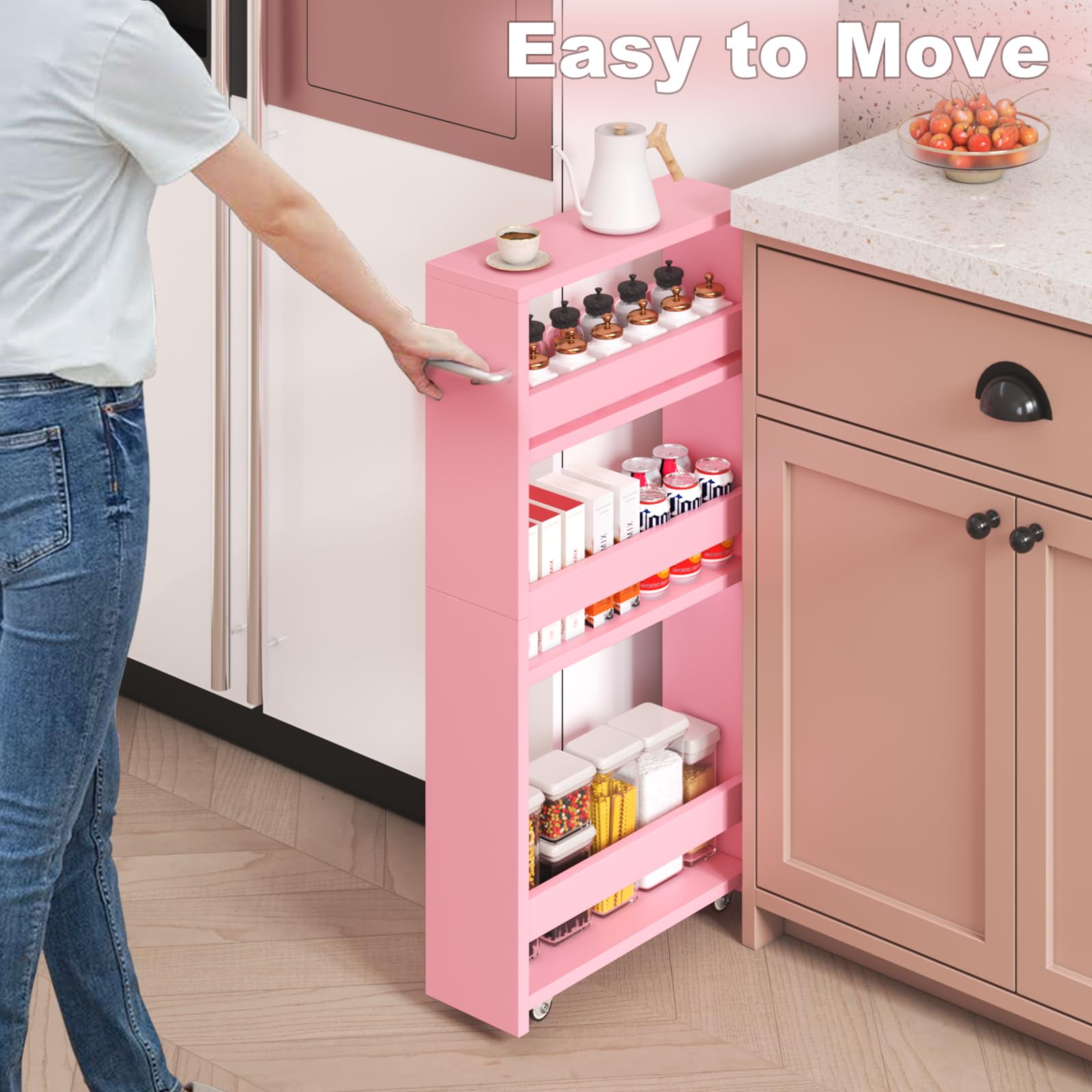 MARTY Pink Slim Storage Cart, 4-Tier Rolling Bookshelf Kitchen Cart with Wheels, Laundry Room Organization with Handle Slide Out Utility Cart Shelving Unit Trolley for Narrow Places