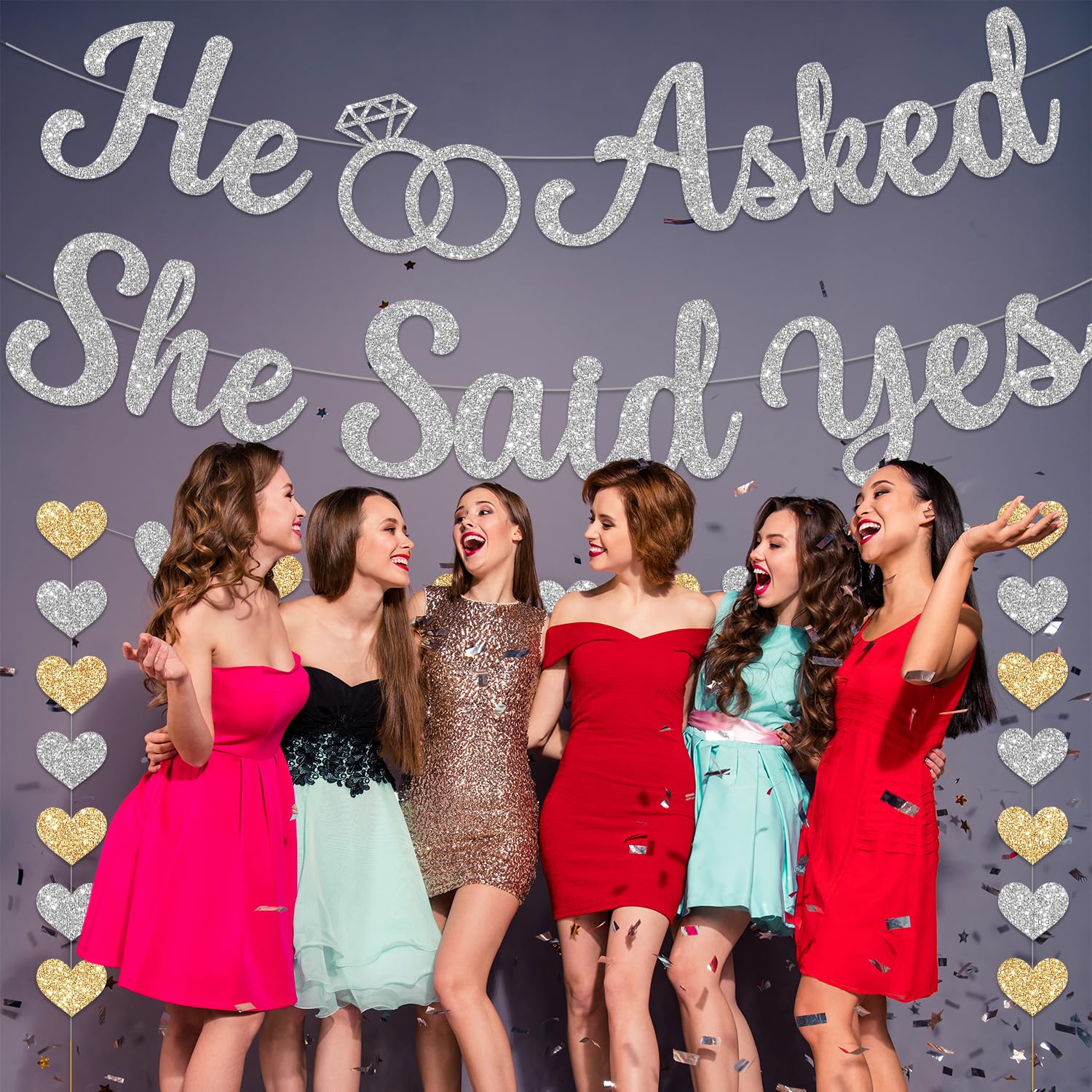 He Asked She Said Yes Banner Silver Glitter, No-DIY She Said Yes Decorations Banner with Heart Garland, Engagement Party Decorations Silver for Wedding Engagement Bridal Shower Party Decorations