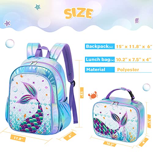 WAWSAM Glitter Mermaid Backpack Set - Sparkly School Backpack with Lunch Box for Girls Preschool Kindergarten Elementary 15β Blue Hiking Travel Book Bag Schoolbag Insulated Lunch Bag