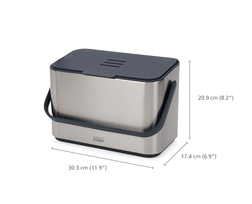 Joseph Joseph Collect 1.06 gallon/4 Liters Stainless Steel Food Compost Bin with Handle, Removable Inner Bucket and Bin Liners Storage, Includes Odor Filter and 3x Bin Liners