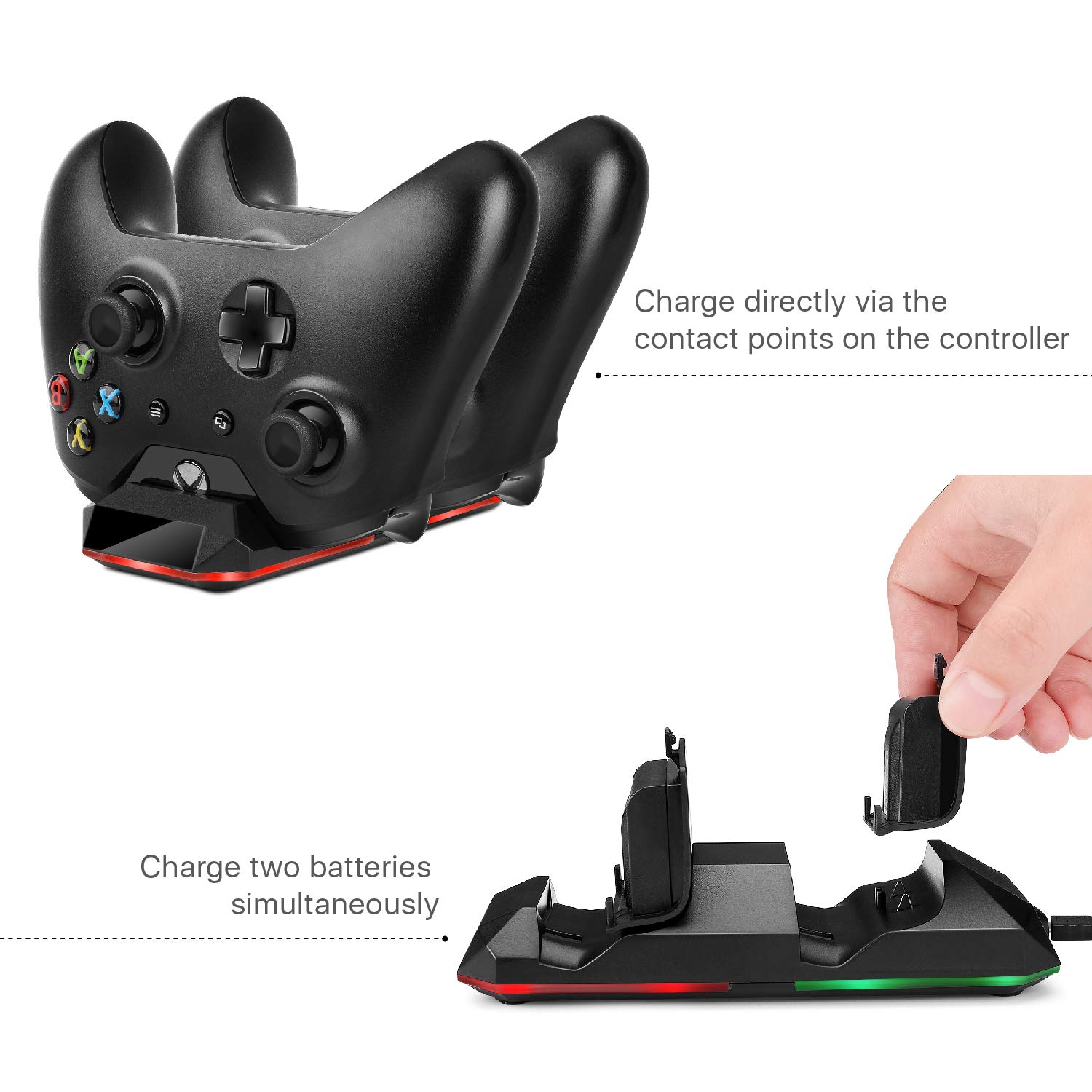 TNP Dual Charging Station for Xbox One Controller w/ 2 Rechargeable 600mah Lithium Batteries, Dock Cradle Base Charger w/USB Cable, LED Status Indicator for Xbox One S/X Wireless Gaming Controller