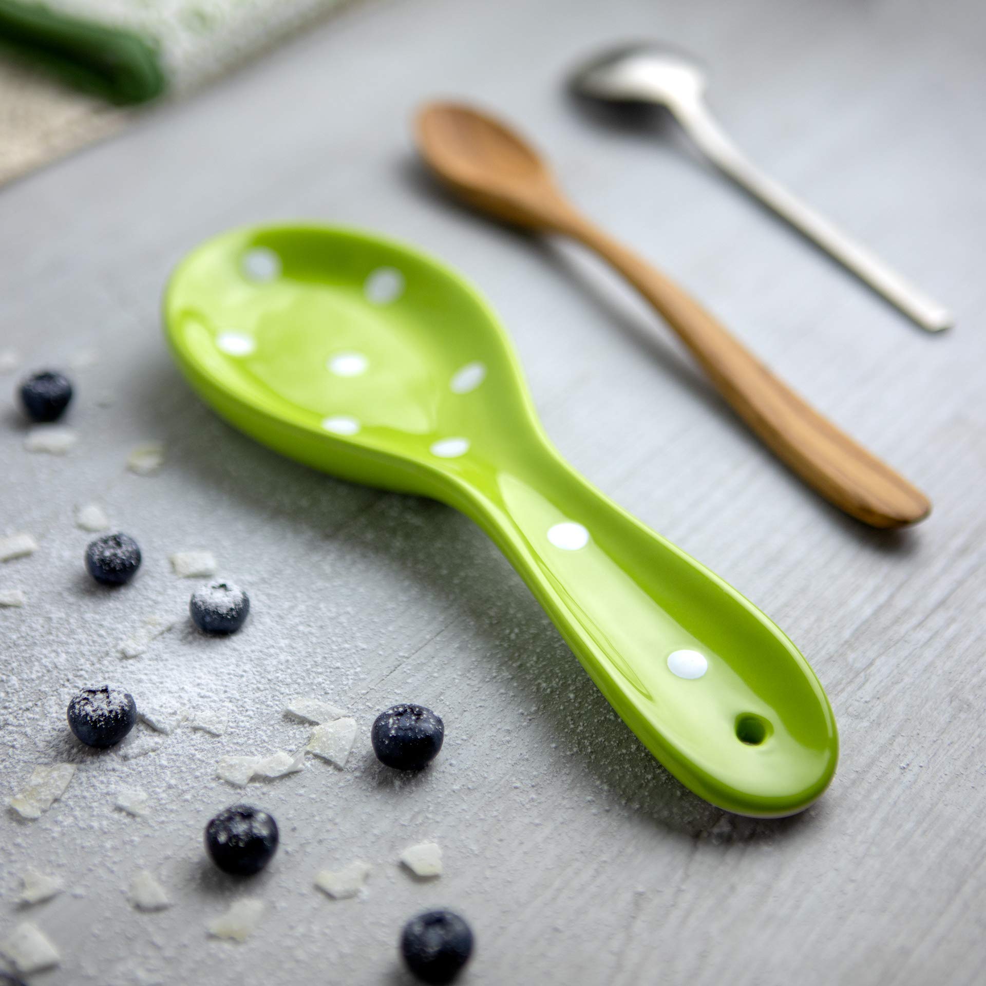 Handmade Lime Green and White Polka Dot Ceramic Kitchen Cooking Spoon Rest | Pottery Utensil Holder | Housewarming Gift by City to Cottage®