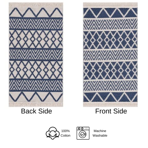 Keen Home Design Area Rugs - 2x4 Reversible and Machine Washable Boho Rug - 100% Cotton - Two Sided Rug for Living Room, Kitchen, Hallway, Bedroom, Entryway - (2β x 3β7ββ, Navy)