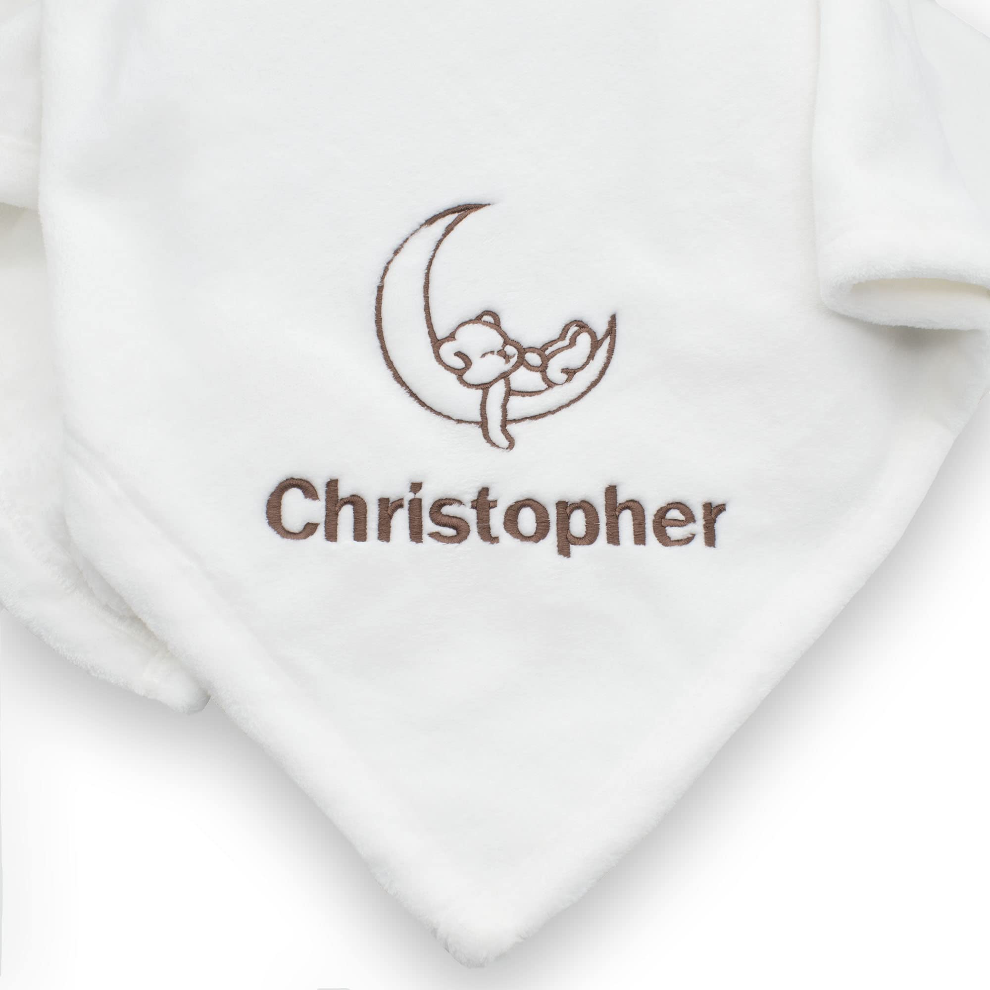 Tender Loving Stitches - Soft White Baby Blanket - Personalized with Baby’s Name and Cute Moon and Bear