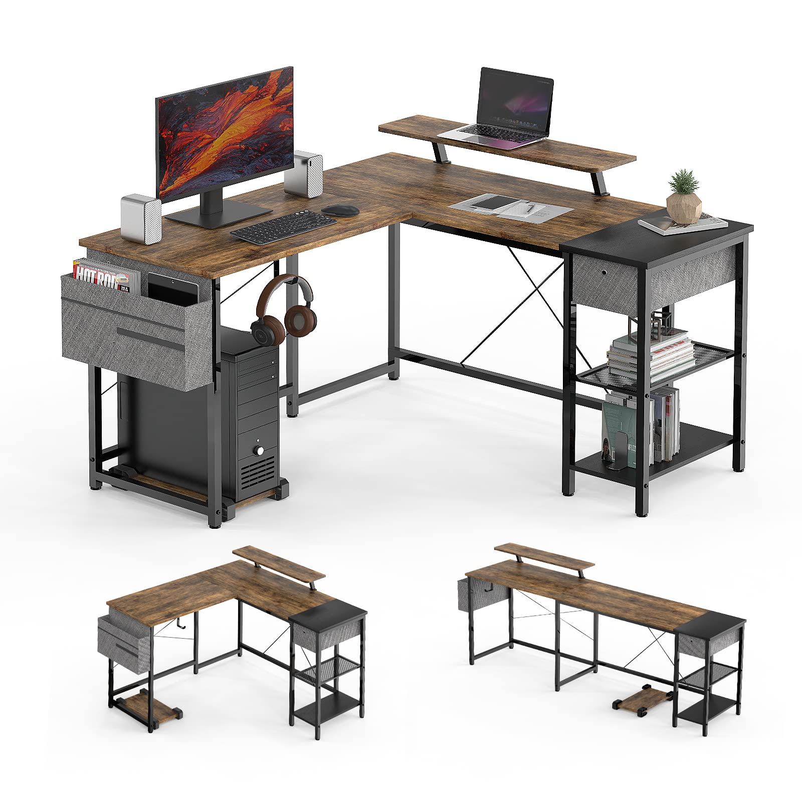 SUAYLLA L Shaped Desk with Drawers, Computer Gaming Desk with Storage Shelves, Work Desk for Home Office L-Shaped, 2 Person Long Table for Writing Workstation, Rustic Brown