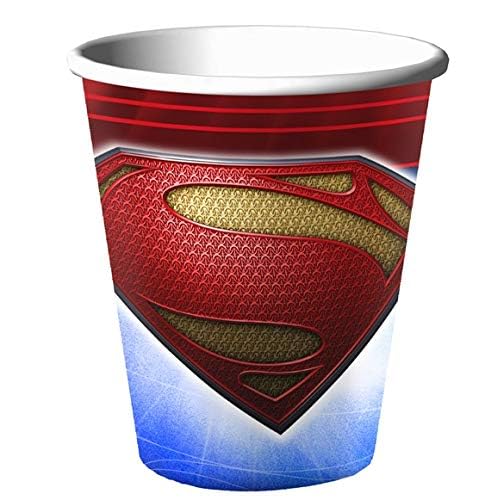 Superman Birthday Party Supplies Bundle includes Plates, Cups, Napkins, Table Cover, Invitations, Thank You Notes, Cape, Hanging Decoration, Centerpiece, Tattoo