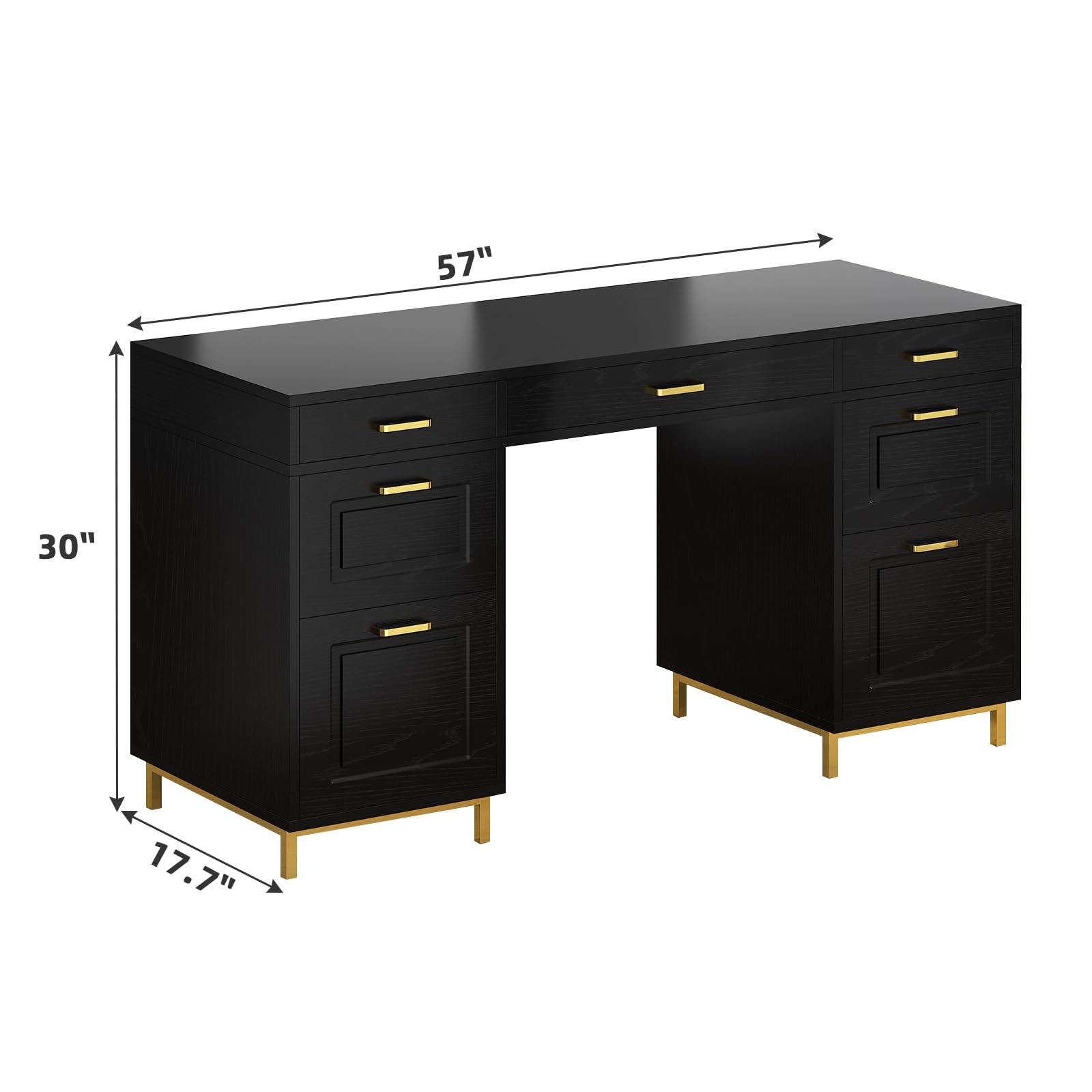 MaverickFurni Desk with 7 Drawers, 57 Inch Computer Desk with Storage, Desk with 2 File Drawers, Executive Desk for Home Office (Black and Gold)