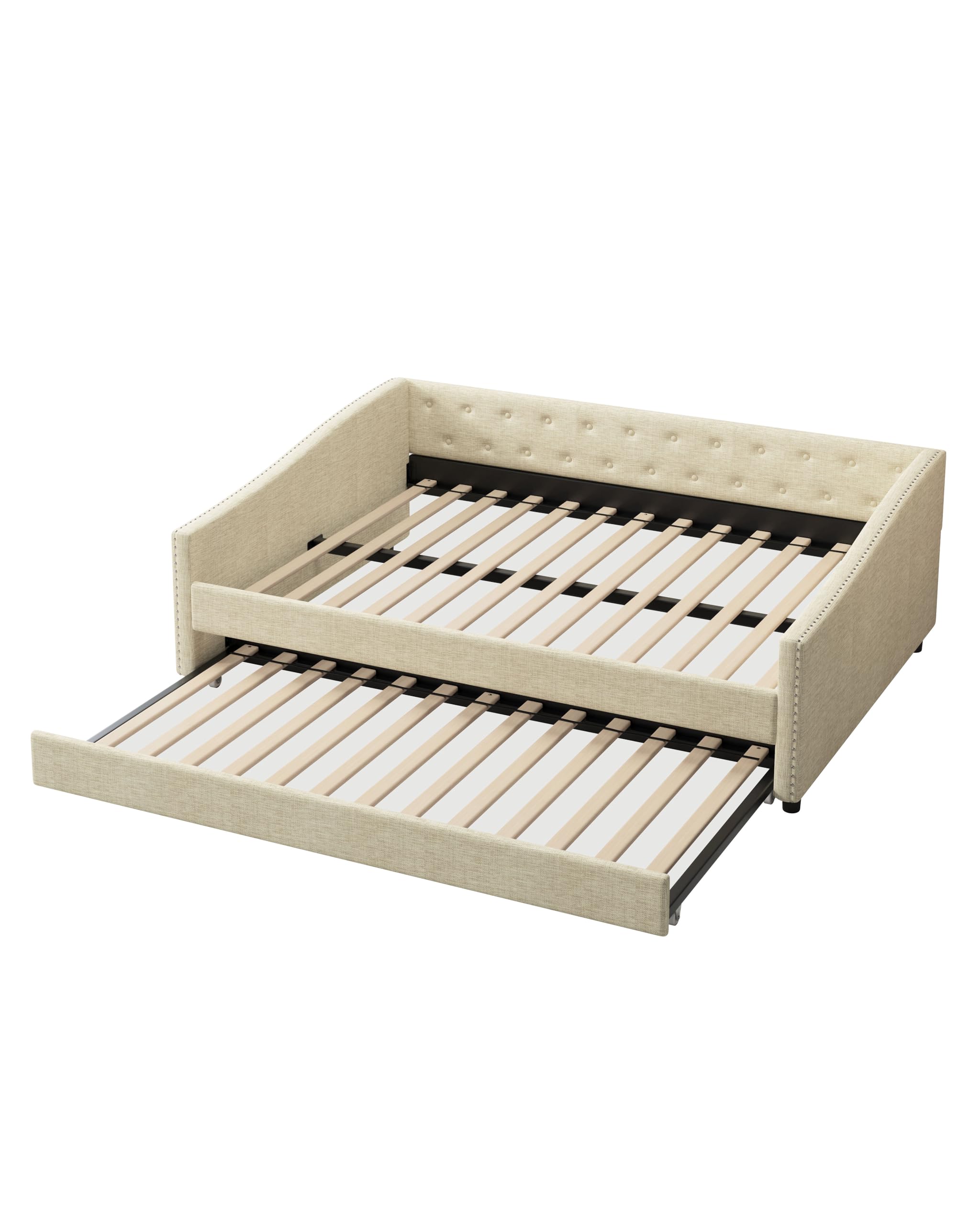 Jintop Full Size Velvet Upholstered Tufted Daybed with 2 Drawers,Modern Wood Bed Frame w/Armrests,Slat Support,No Box Spring Needed,Daybeds for Apartment,Bedroom,Guest Room,Beige
