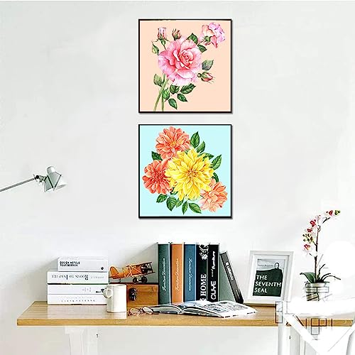 Mirztry 2 Pack 10"x 10" Flowers Framed Paint by Number for Adults Canvas, Flowers Adult Paint by Number Kits with Frame, Flowers Acrylic Oil Easy Paint by Numbers Kits on Canvas with Frame