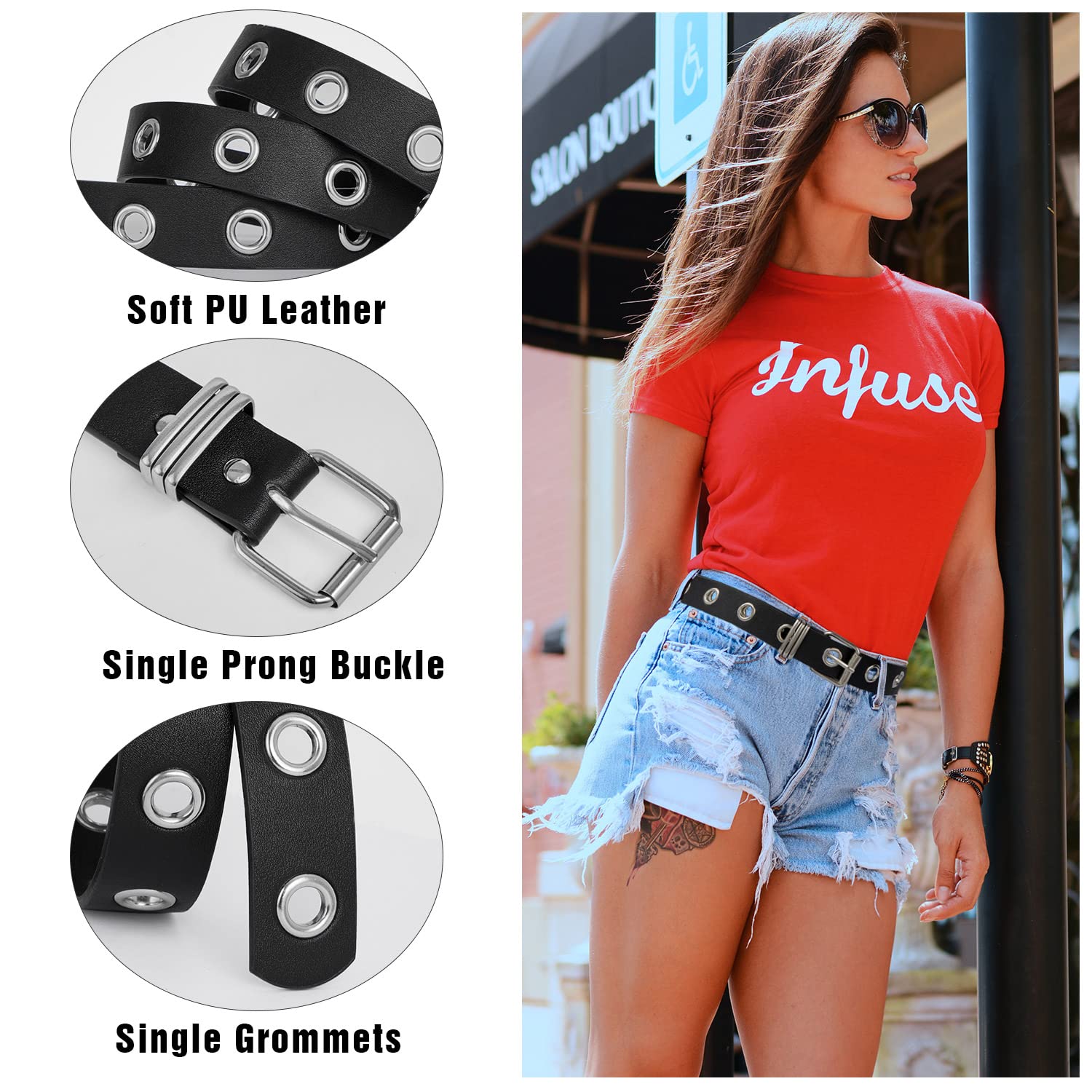 FIORETTO Single Grommet Leather Belt Women Men Punk Rock Waist Belts for Jeans Pants Single Holes Black-Silver