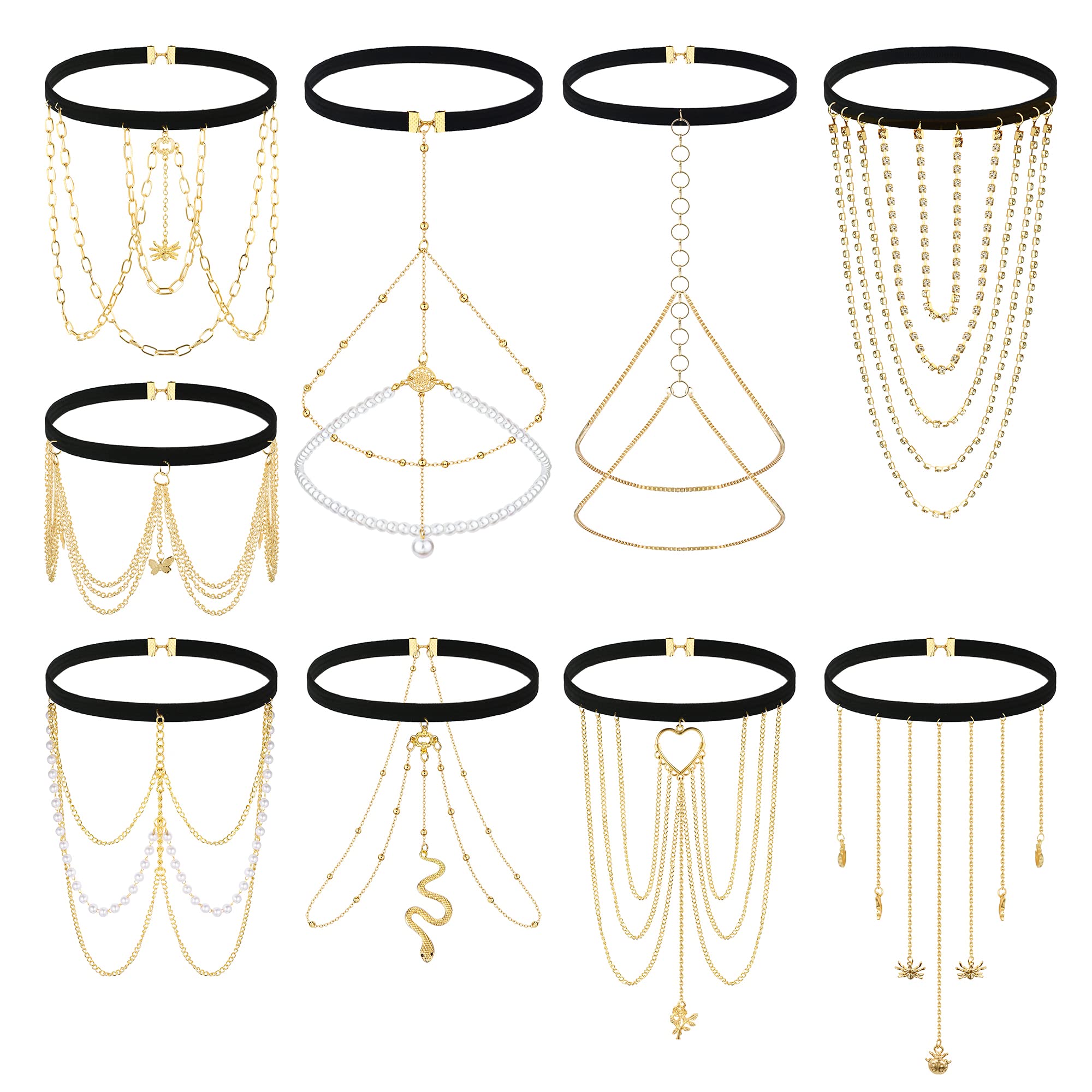 Florideco 9PCS Leg Chains Thigh Chain Jewelry for Women Snake Crystal Boho Layered Beach Body Chains Thigh Jewelry for Summer Gold