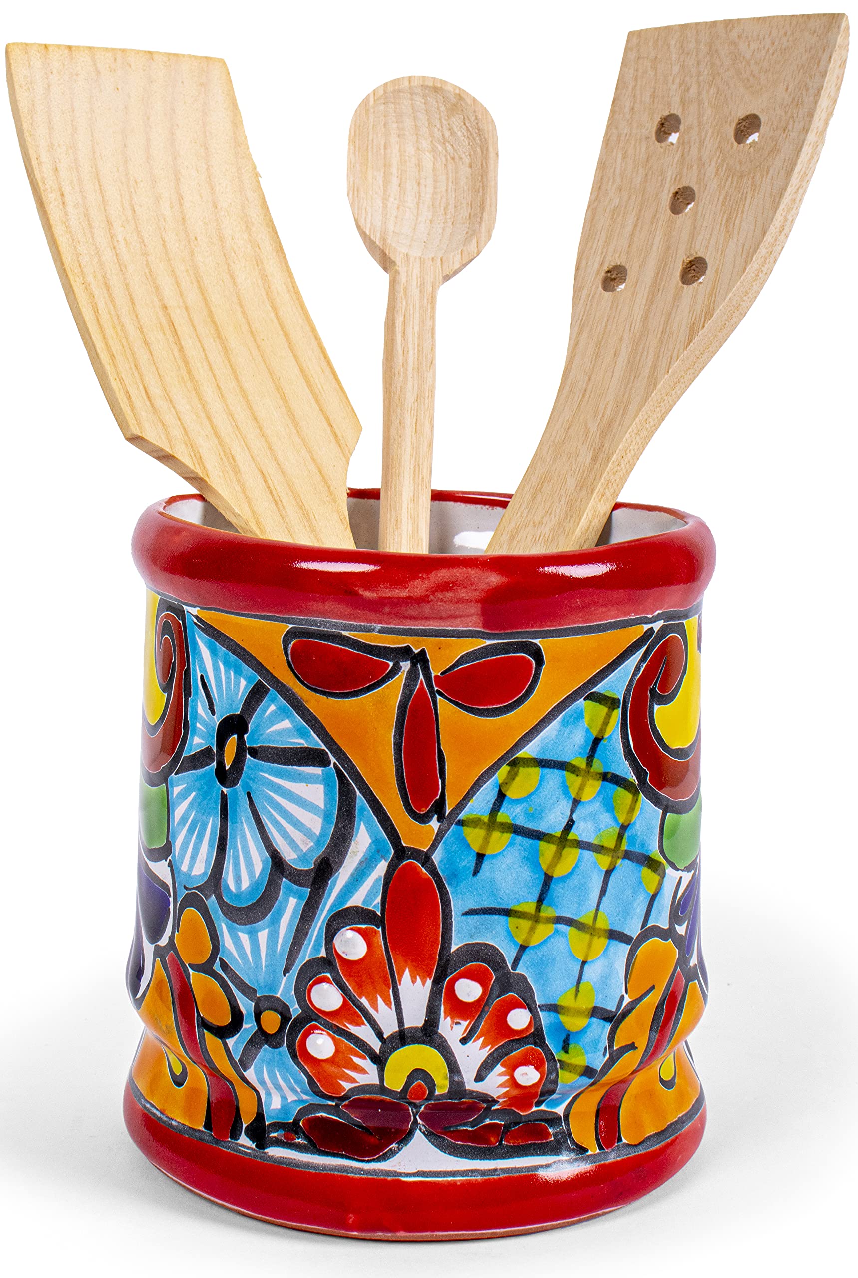 Genuine Mexican Kitchen Talavera Utensil Holder Hand Painted Pottery Ceramic for Kitchen Utensil Crock Spoon Rest Handmade in Mexico by Artisans (Red)