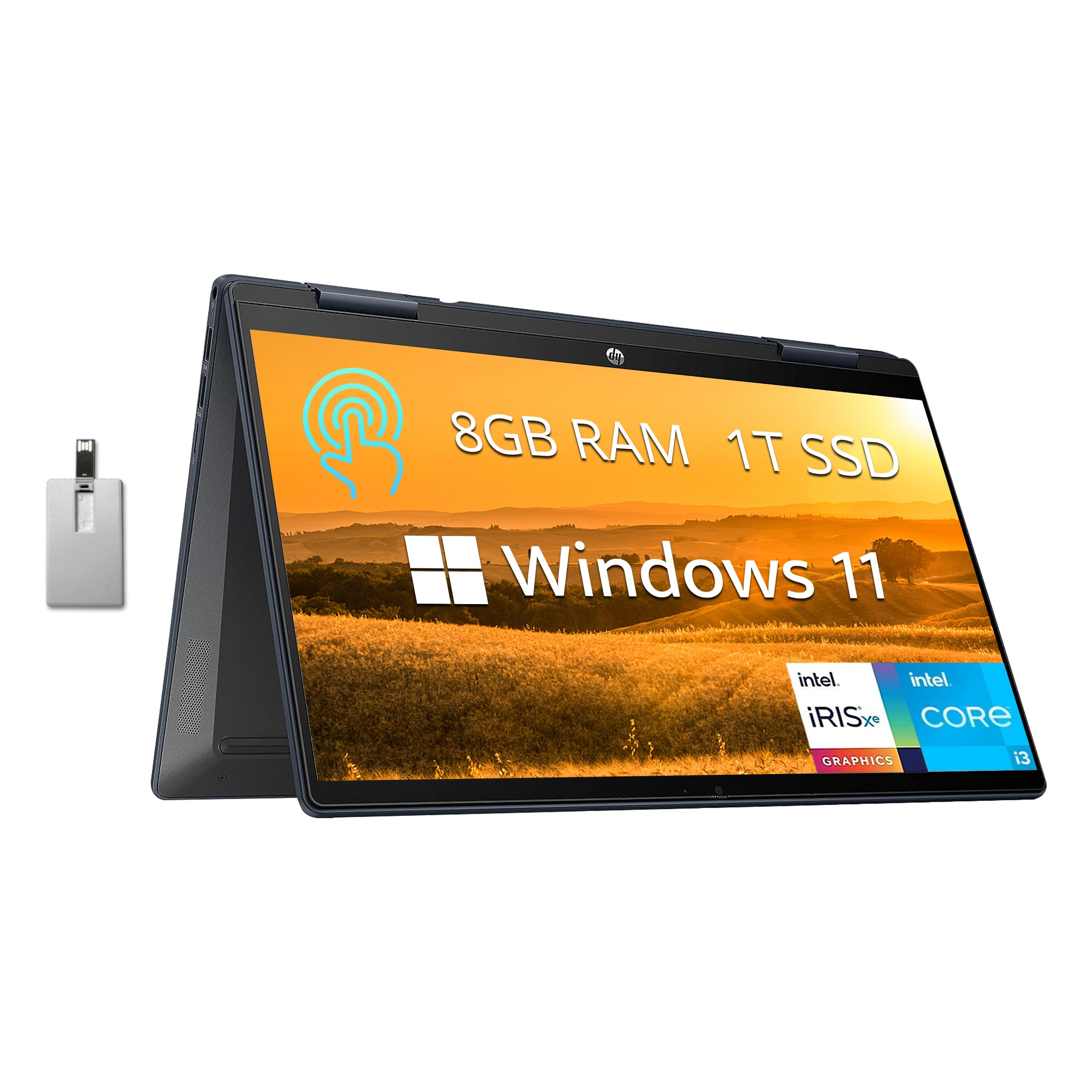 HP Pavilion x360 2-in-1 Laptop, 14" Full HD Touchscreen, Intel i3-1215U, 8GB DDR4 RAM, 1TB PCIe SSD, Intel Iris Xe Graphics, HD Camera, B&O Audio, Windows 11, Blue, 32GB Hotface USB Card