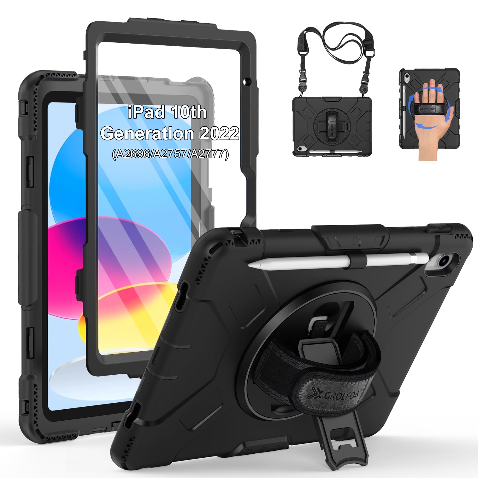 GROLEOA Rugged Case for iPad 10th Generation 2022: Military Grade Shockproof Protective Cover for iPad 10th Gen 10.9 Inch with Screen Protector-360° Rotatable Stand- Hand/Shoulder Strap, Rainbow Pink