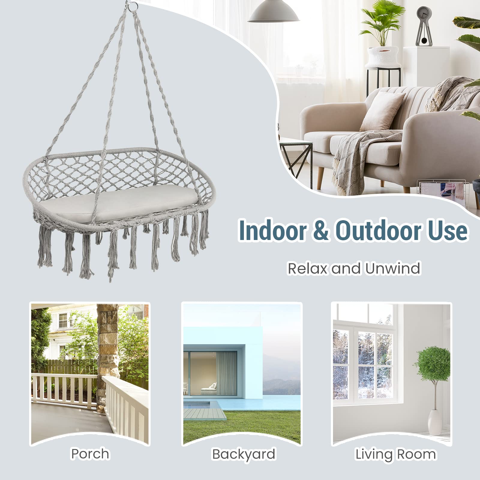 Giantex 2-Seat Hammock Chair, Macrame Swing with Cushion, Hanging Cotton Ropes, Metal Frame, Hanging Chair with330 lbs Capacity for Hammock Stand, Living Room, Patio, Balcony, Backyard (Gray)