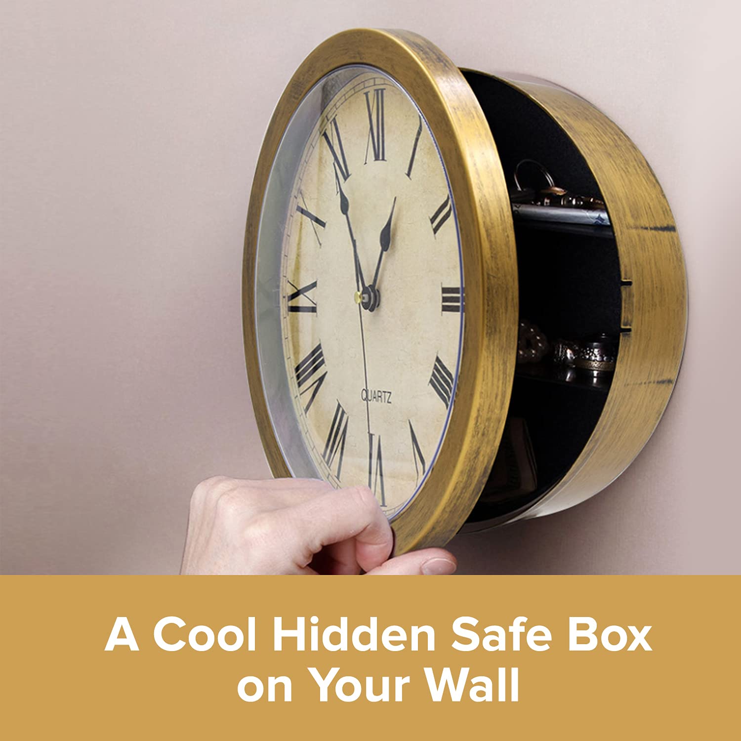 MCM Style Wall Clock & Hidden Safe Box in One - 10β Gold Wall Safe Clock - Concealment Furniture with Hidden Compartments - Wall Mount Clock w/Hidden Storage Shelf - Disguised Safe