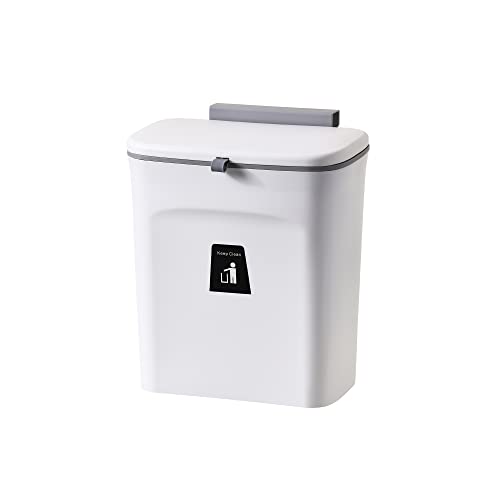WDPUCHU 2.4 Gallon Hanging Trash Can for Kitchen Cabinet Door with Lid, Small Under Sink Garbage Can for Bathroom, Wall Mounted Counter Waste Compost Bin (White)