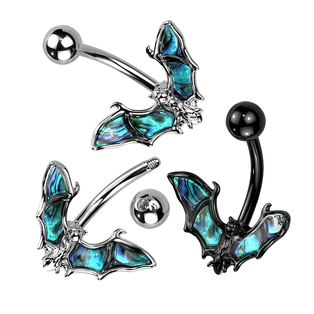 Dynamique Bat with Abalone Shell Wings 316L Surgical Steel Belly Button Ring (Sold Per Piece)