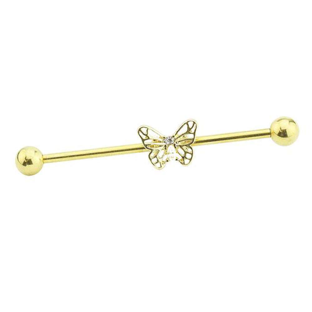 Dynamique Butterfly CZ Centered Gold Plated 316L Surgical Steel Industrial Barbell (Sold Per Piece)