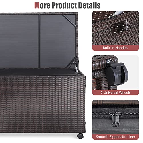 Giantex Outdoor Wicker Storage Box - 50 Gallon PE Rattan Storage Container with Lid, Waterproof Liner, Universal Wheels, Deck Storage for Pillows, Cushions, Gardening Tools, Mix Brown
