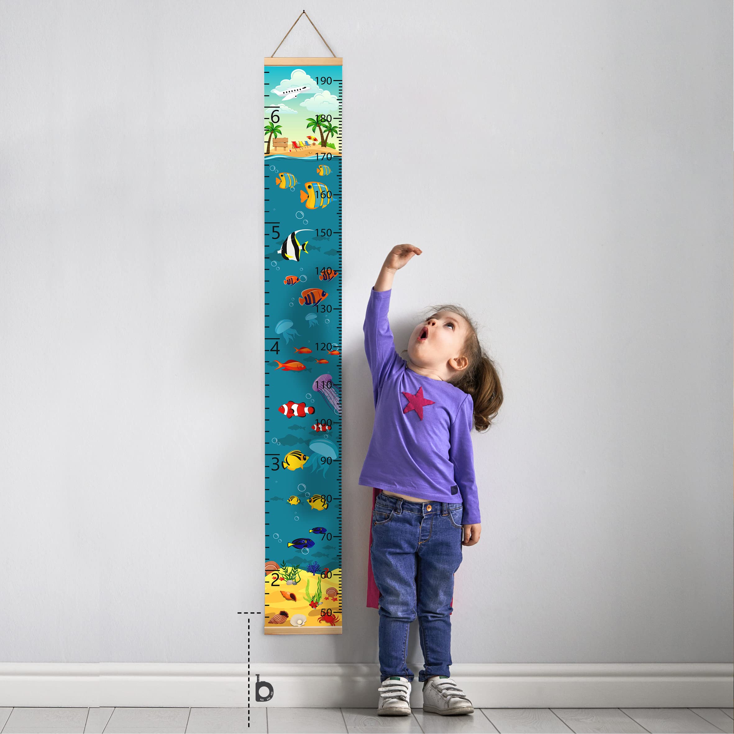 Growth Chart for Kids, Removable Canvas Wall Hanging Measurement Baby Height Growth Chart Ruler,Natural Wood Frame (Design 2)