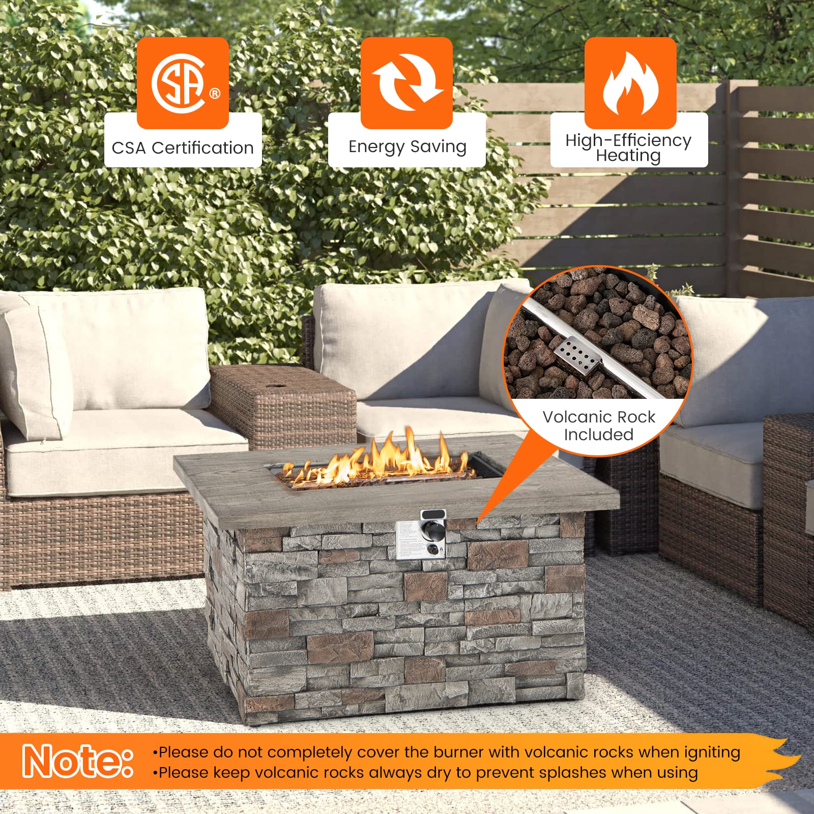Giantex Propane Fire Pit Table - 2-in-1 Outdoor Rectangle Fire Table W/Volcanic Rock & PVC Cover, Stainless Steel Burner, 50,000 BTU Heat Output, Faux Stone Surface, 43.5β Gas Fire Pits for Outside